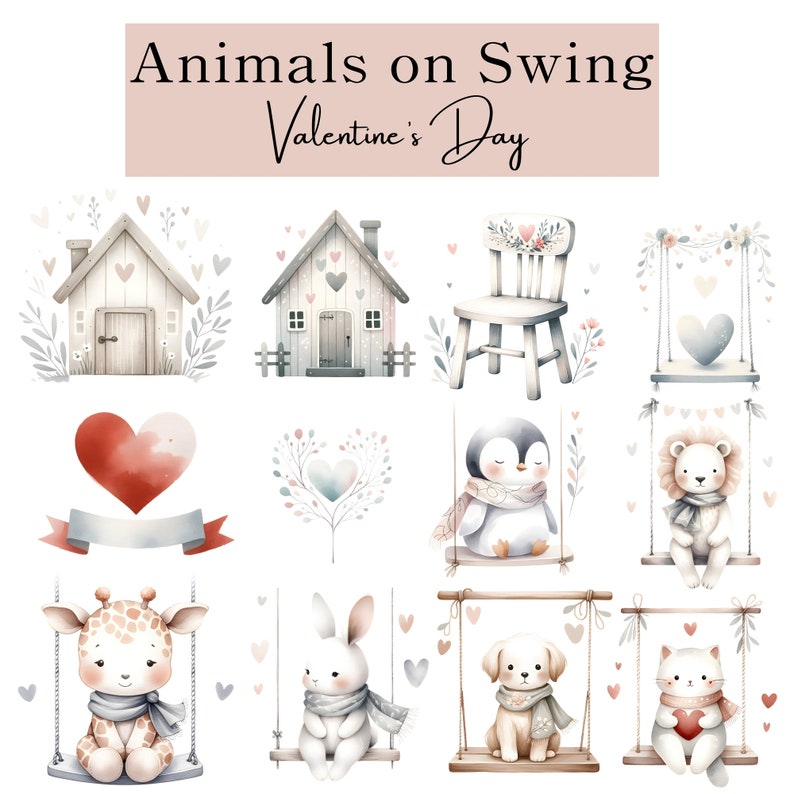 Valentines Animals on Swings Collection Clipart, Animal Watercolor PNG ...