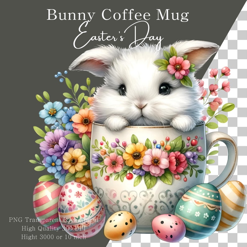 Easter Bunny Coffee Mug Clipart, Rabbit Watercolor Clipart, Garden ...