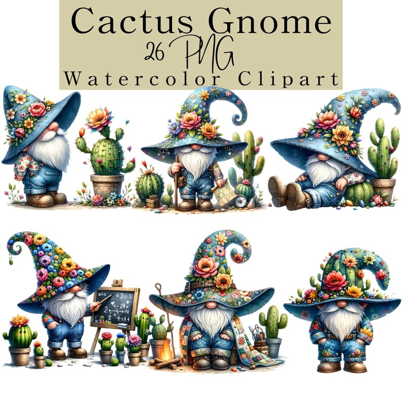 Cactus Gnome Watercolor Clipart: Garden Art PNG for Crafts Decor ...