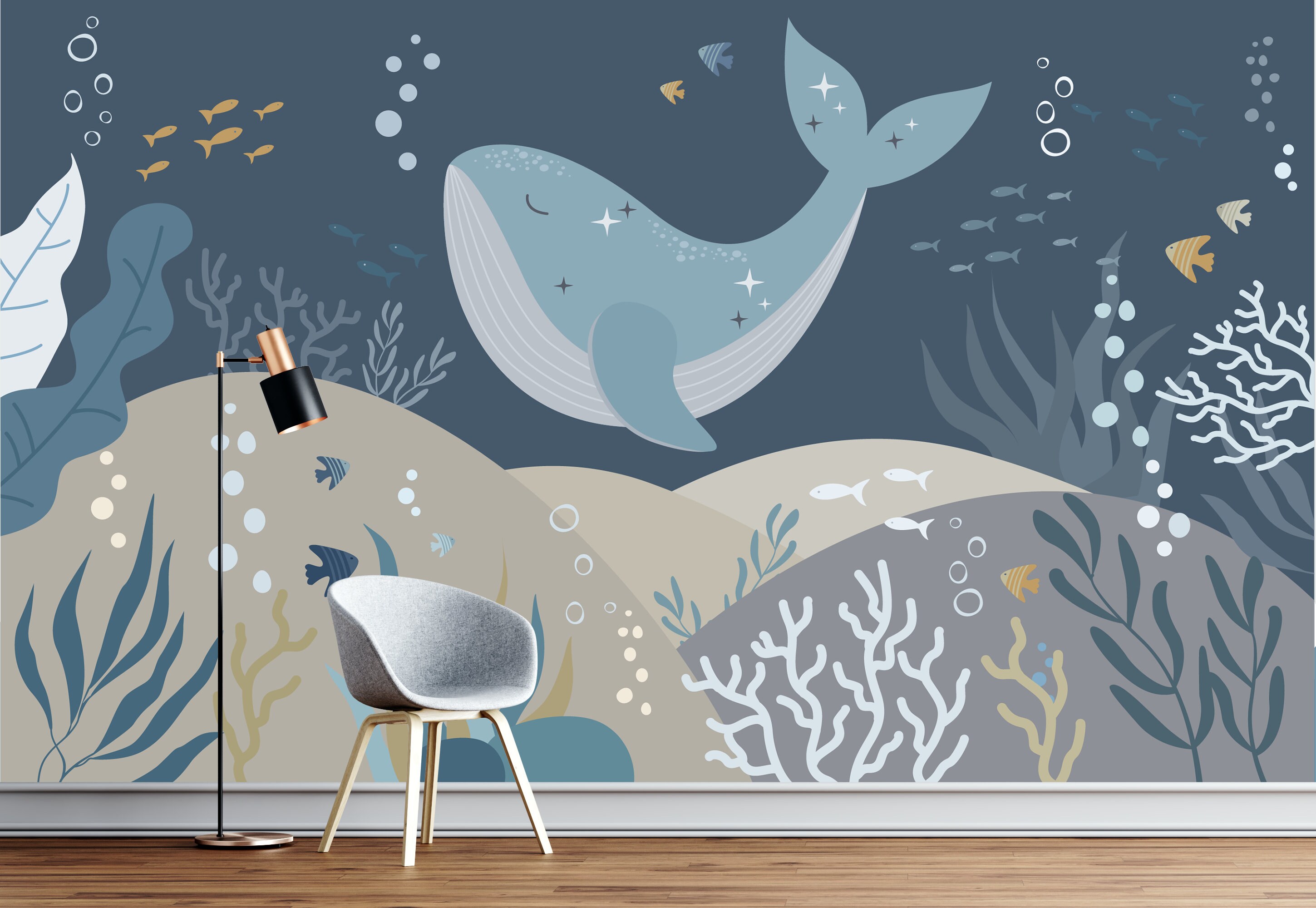 Kids Wallpaper, Cute Whale Small Fishes and Seaweeds Peel and Stick ...