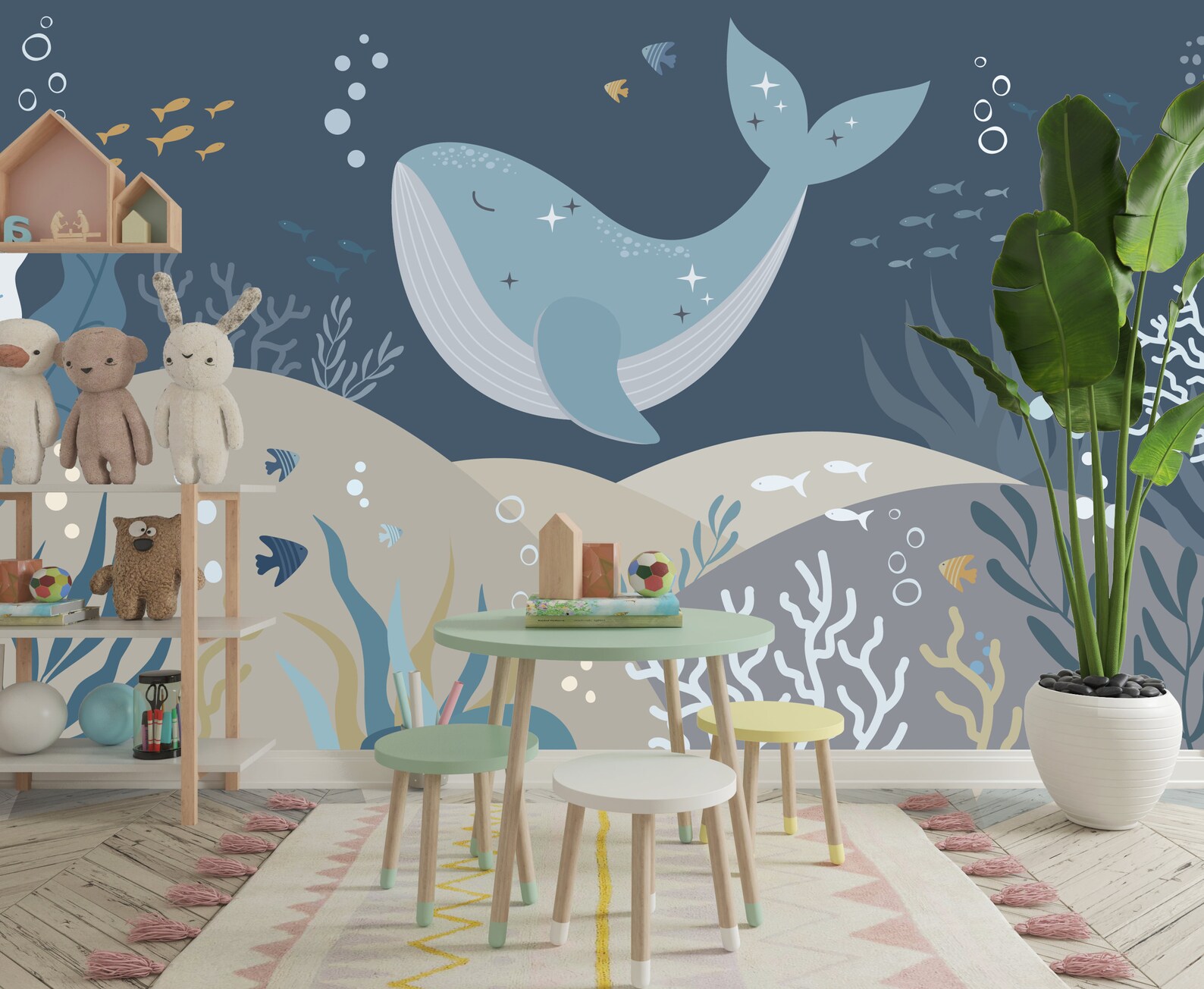Kids Wallpaper, Cute Whale Small Fishes and Seaweeds Peel and Stick ...