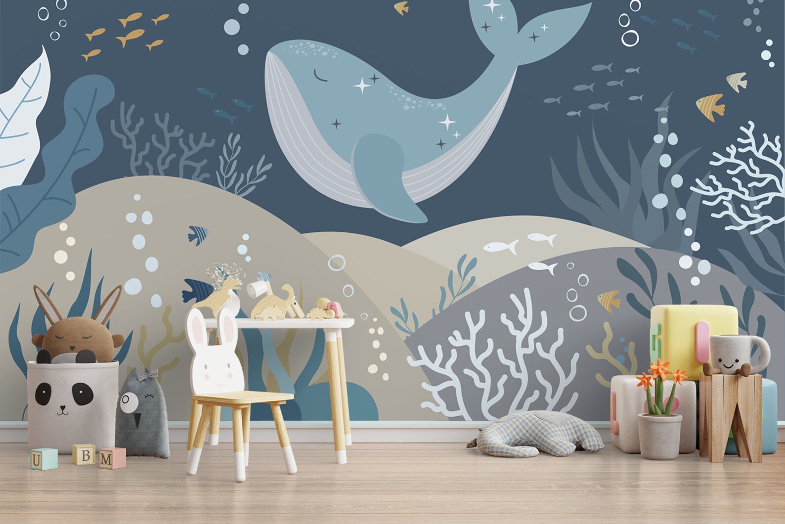 Kids Wallpaper, Cute Whale Small Fishes and Seaweeds Peel and Stick ...