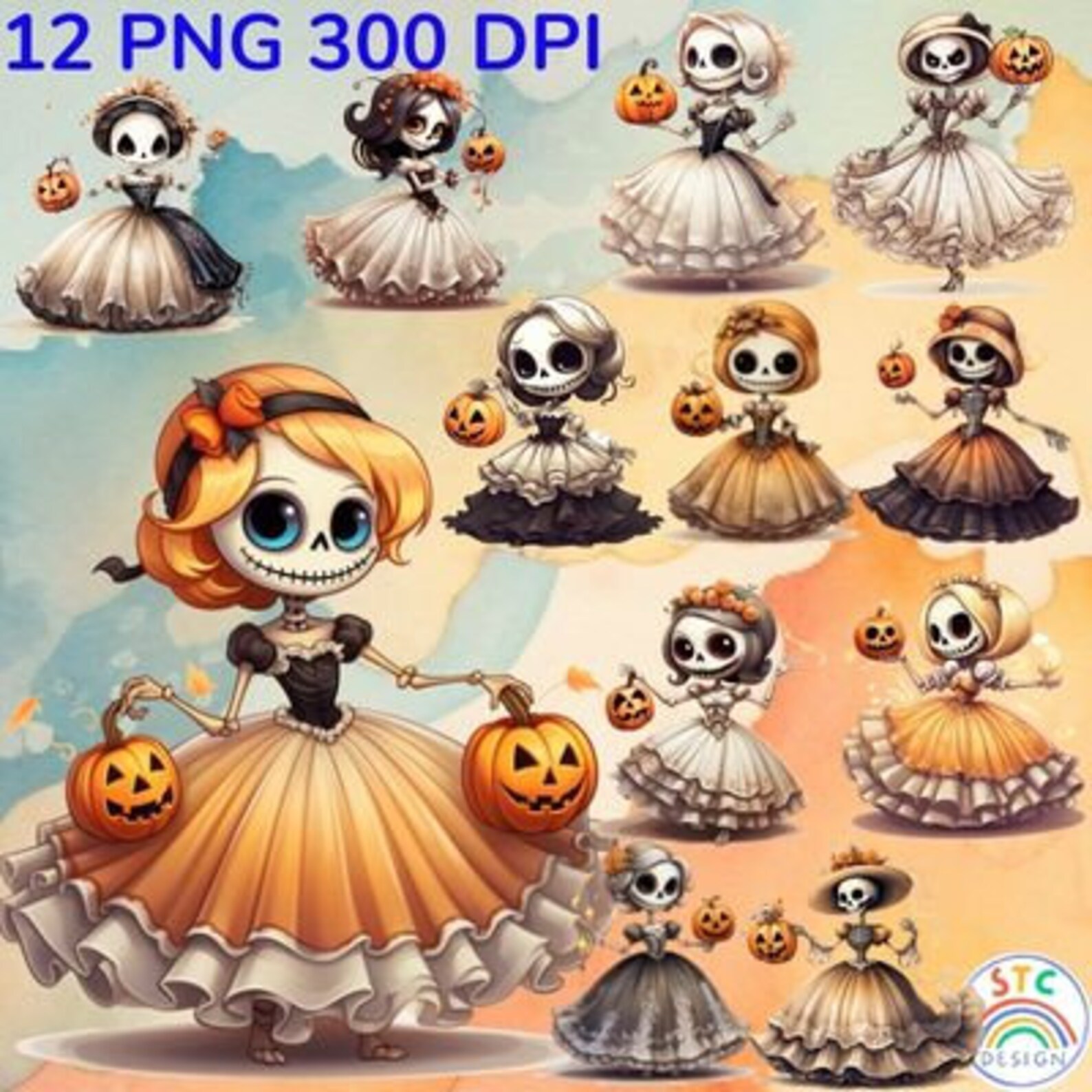 Watercolor Halloween Skeleton Princess PNG Clipart Bundle (digital ...
