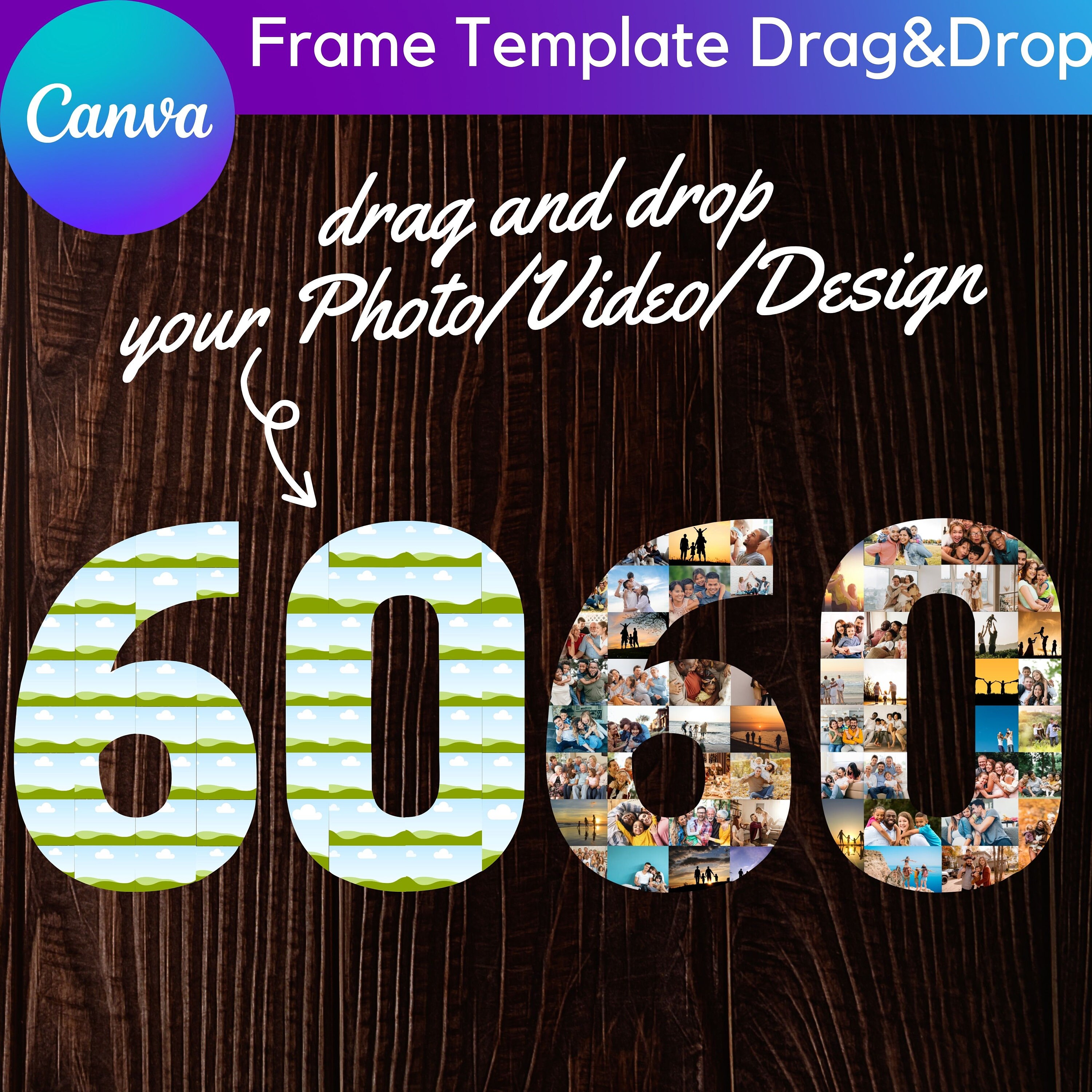 60 Sixty Number Collage Canva Frame Template,editable Canva for a ...