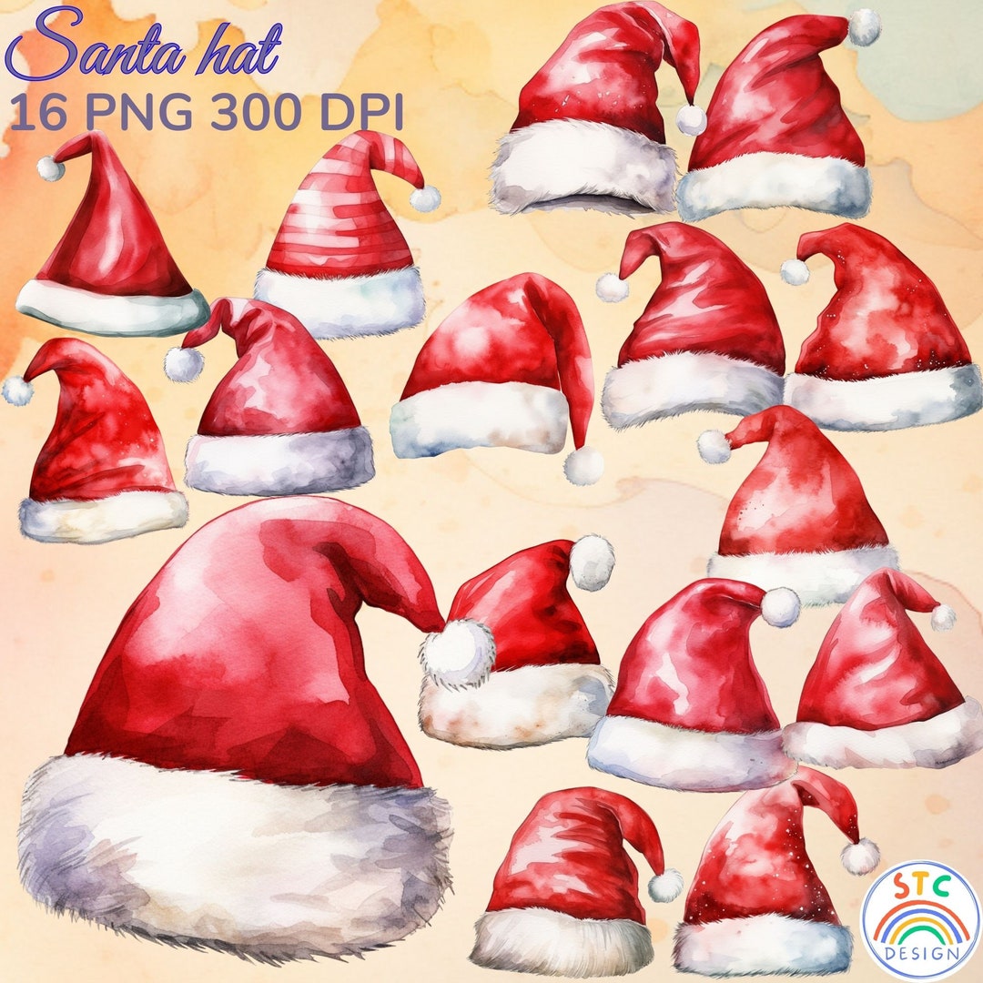 16 Red Santa Hat Watercolor Clipart Bundle,cute Christmas Clipart ...
