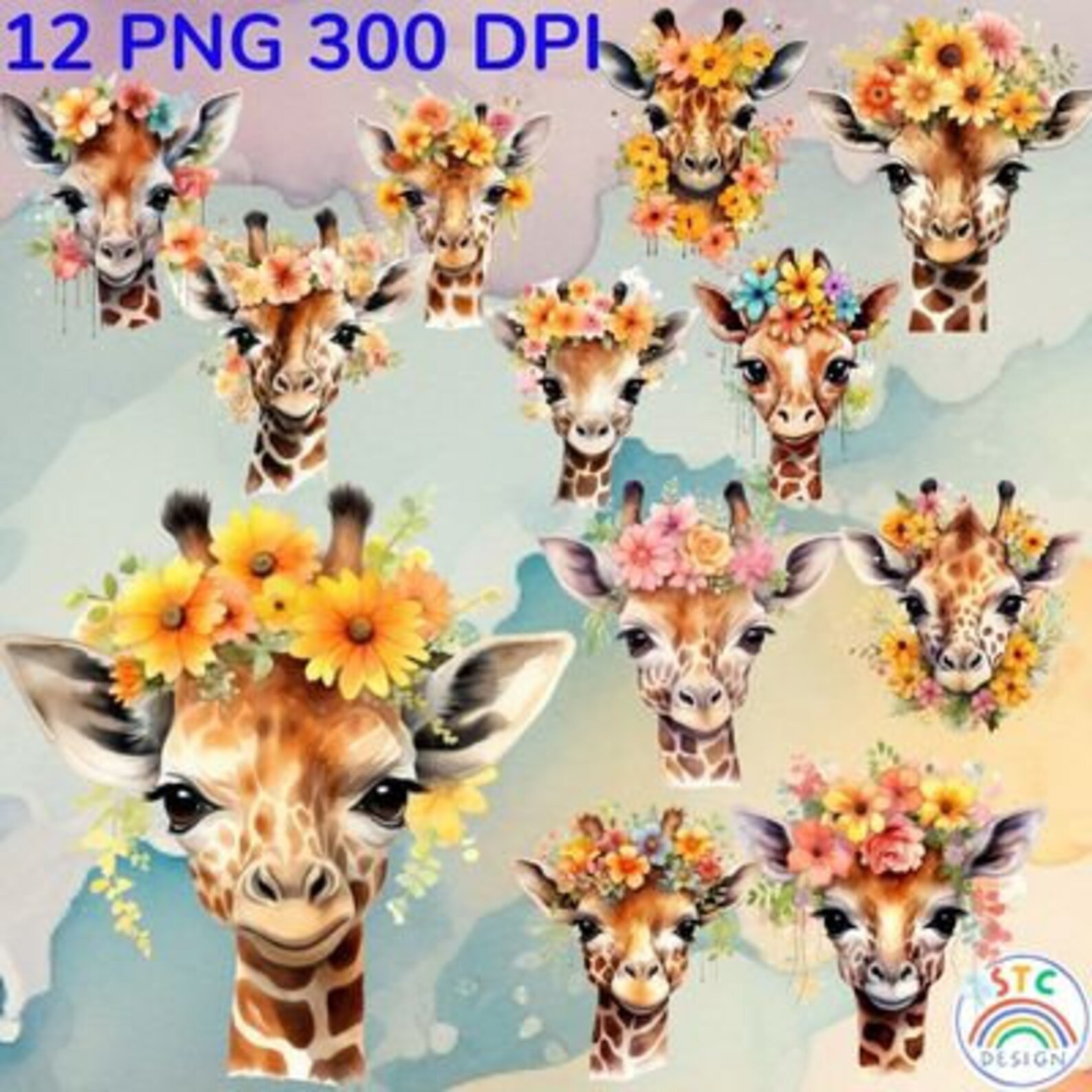 Cute Baby Giraffe Flower Clipart,giraffe Watercolor Png,baby Animal ...