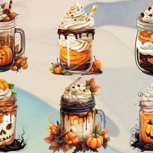 Funny Halloween Fall Coffee Cup Watercolor PNG Sublimation Design ...