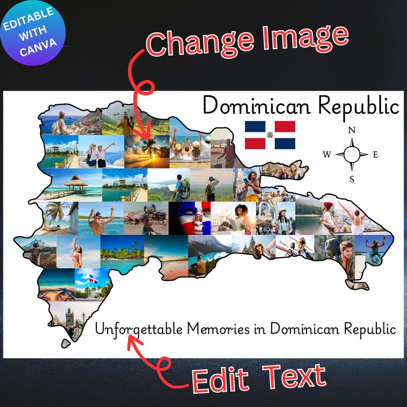 Dominican Republic Map Photo Collage, Travel Memory Canva Template ...