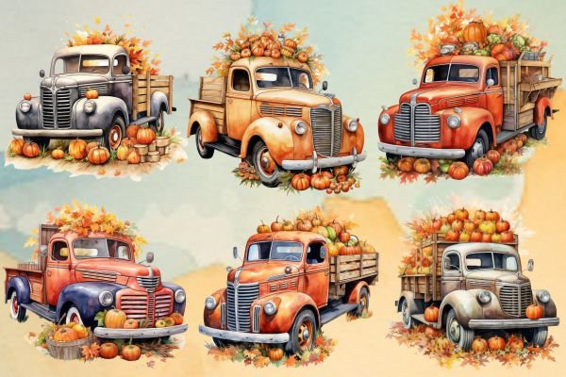Vintage Pumpkin Truck Watercolor Clipart: Fall Thanksgiving PNG ...