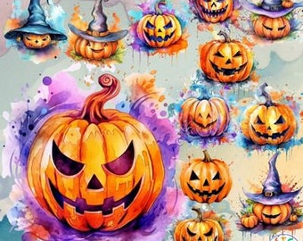50 Scary Pumpkin Watercolor Clipart: Halloween PNG Images (digital ...