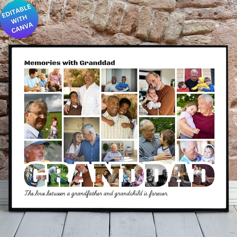GRANDDAD Photo Collage Canva Frame Template, Grandfather Memorial Gift ...