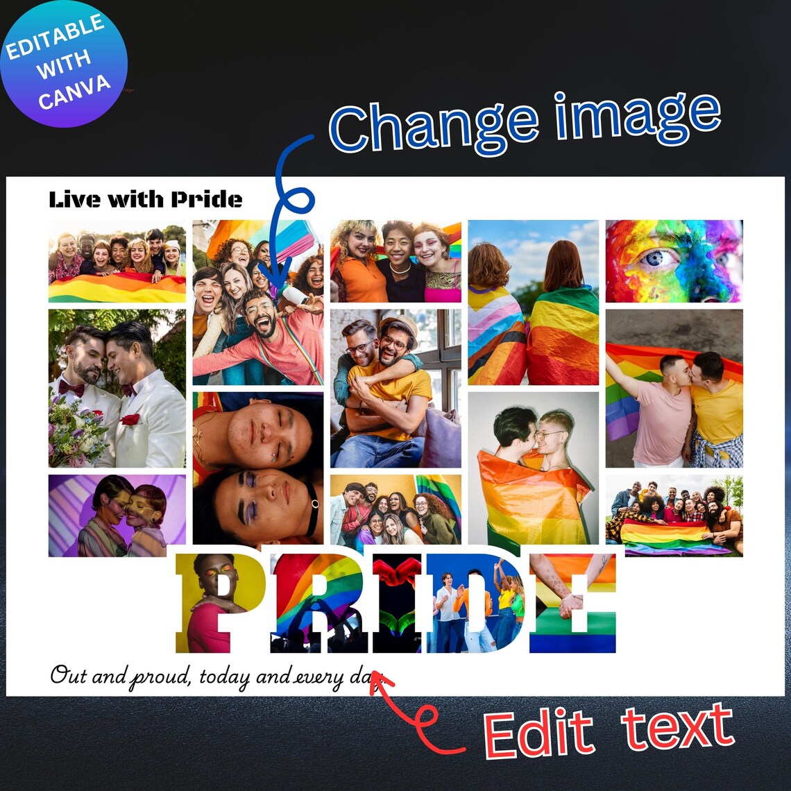 PRIDE Photo Collage Canva Template: Rainbow Letters LGBTQ+ Wall Art ...