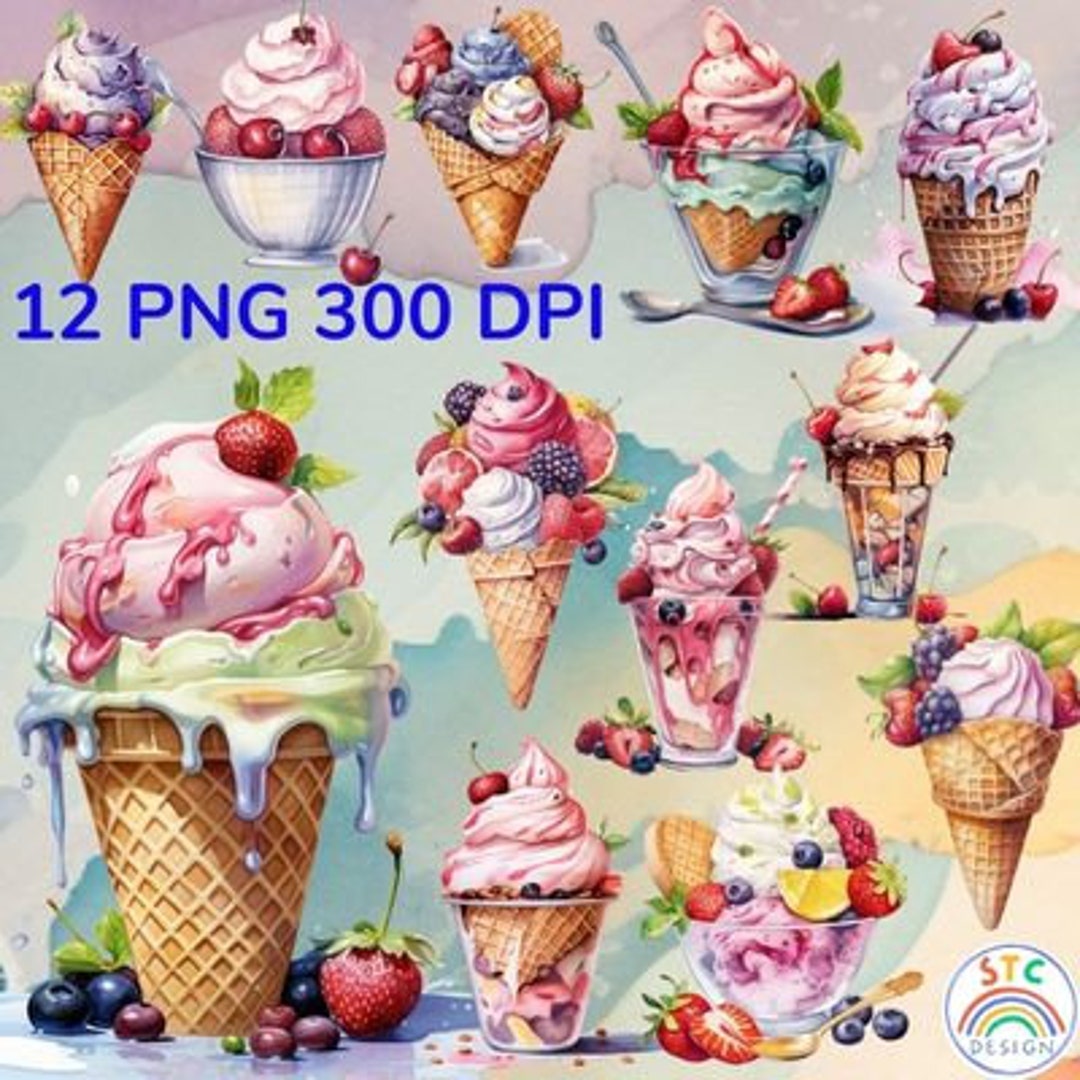 Ice Cream Watercolor Clipart Bundle: Summer Party PNG (digital Download ...