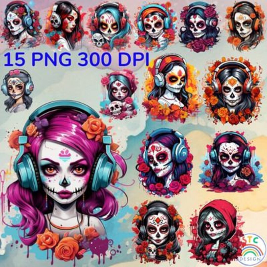 15 Sugar Skull Girl Headphones Clipart Bundlewatercolor Skull Pngcute Sugar Skullmexican Lady