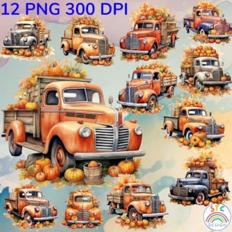 Vintage Pumpkin Truck Watercolor Clipart: Fall Thanksgiving PNG ...