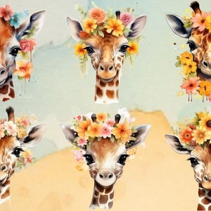 Cute Baby Giraffe Flower Clipart,giraffe Watercolor Png,baby Animal ...