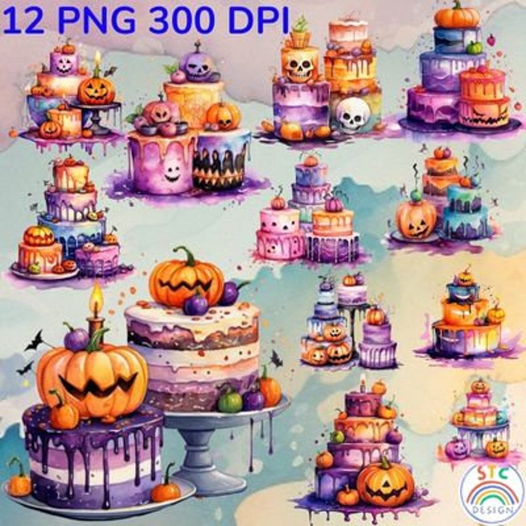 Halloween Pumpkin Cake Clipart,12 PNG Watercolor Cake Png,spooky Cake ...