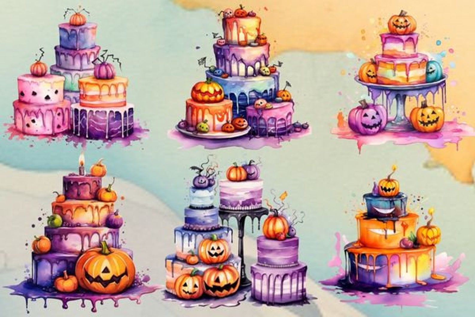 Halloween Pumpkin Cake Clipart,12 PNG Watercolor Cake Png,spooky Cake ...
