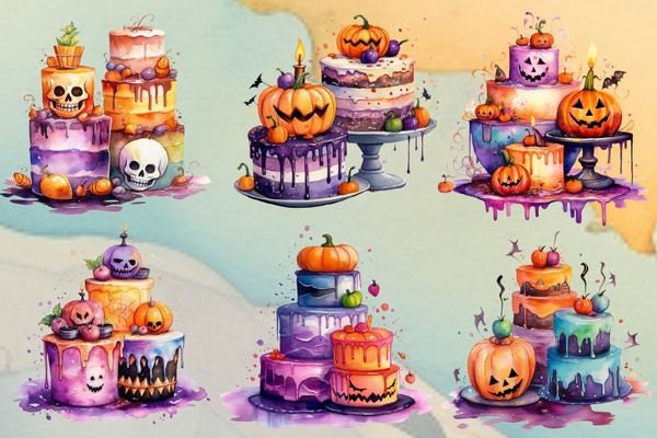 Halloween Pumpkin Cake Clipart,12 PNG Watercolor Cake Png,spooky Cake ...