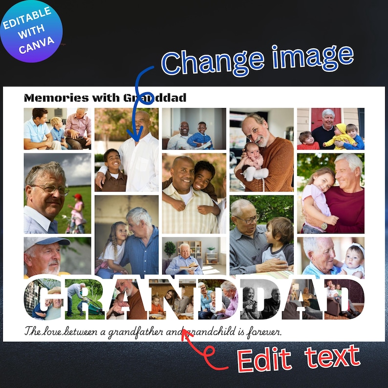 GRANDDAD Photo Collage Canva Frame Template, Grandfather Memorial Gift ...