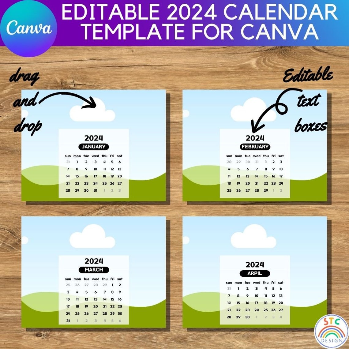 2024 Calendar Canva Frame Template,canva Calendar Mockup,fully Editable ...