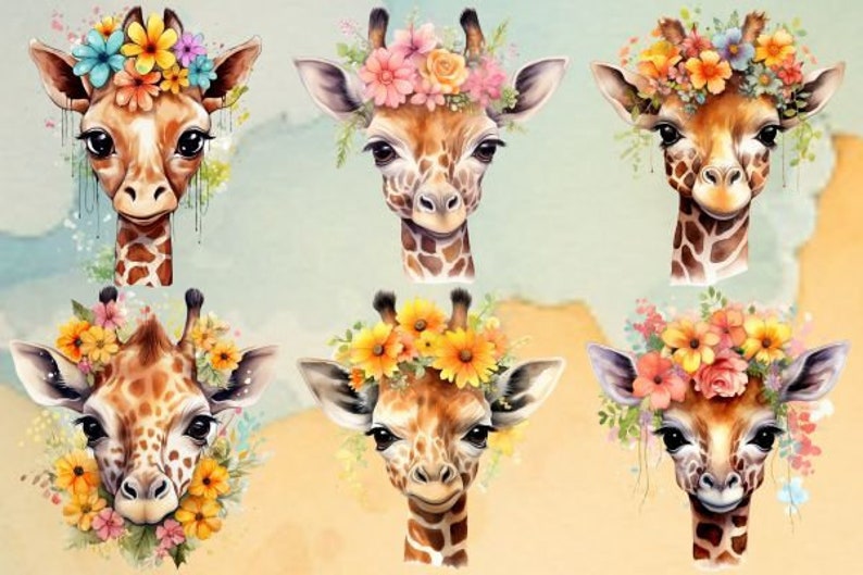 Cute Baby Giraffe Flower Clipart,giraffe Watercolor Png,baby Animal ...