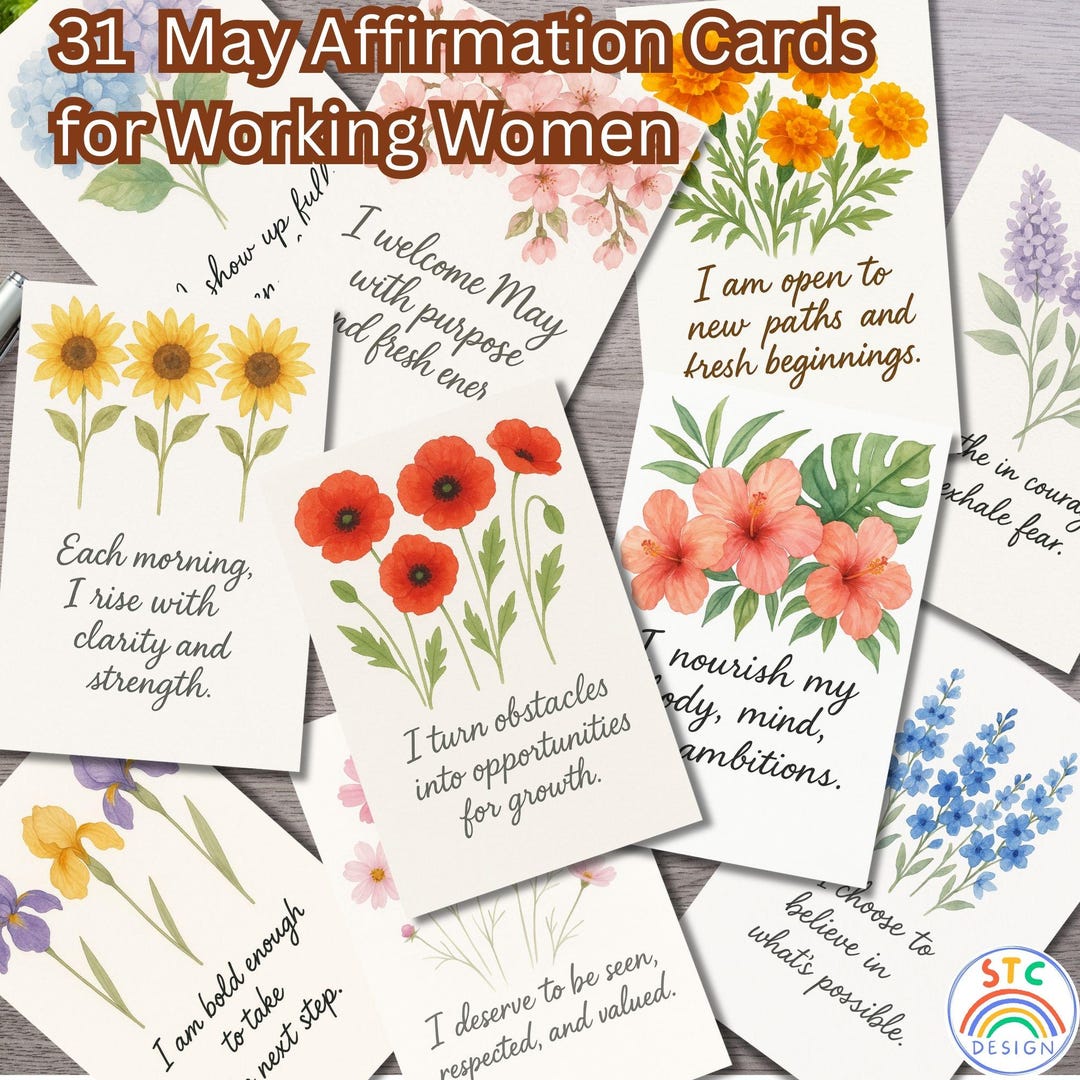 May Affirmation Cards for Working Women, Watercolor Floral Daily Quotes ...