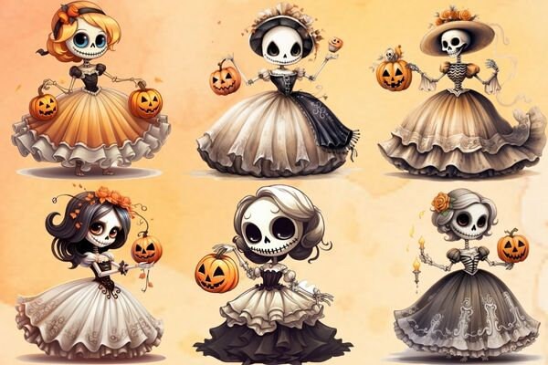 Watercolor Halloween Skeleton Princess PNG Clipart Bundle (digital ...