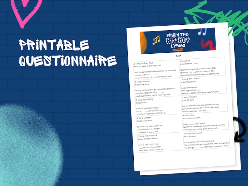 Finish the Hip Hop Lyrics Game: Printable Music Trivia (digital ...