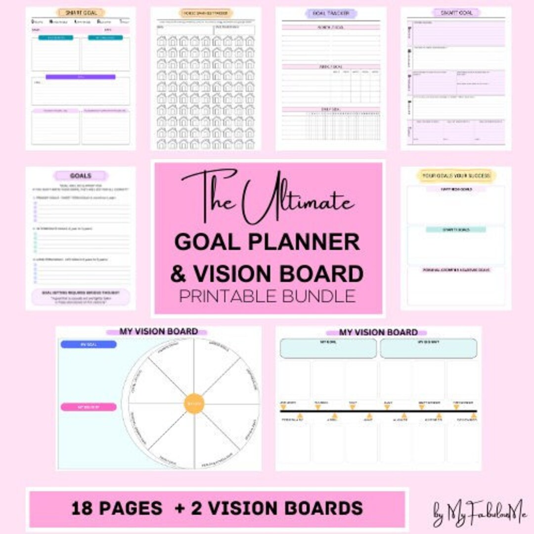 Colorful Goal Planner & Vision Board Printable BUNDLE, Goals Tracker ...