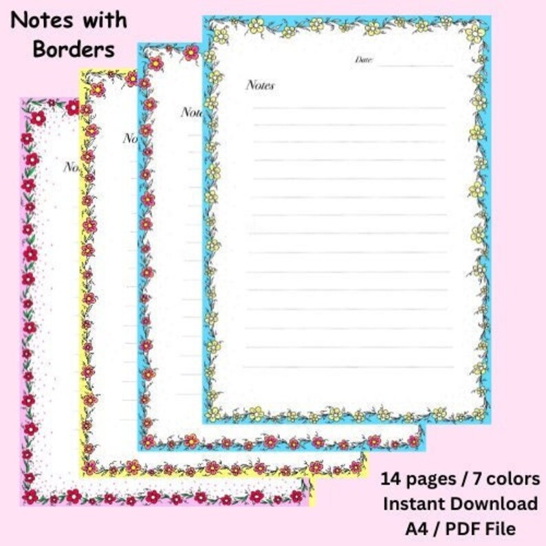 Printable Stationery Bundle With Flowers Borders, Printable Note Paper ...