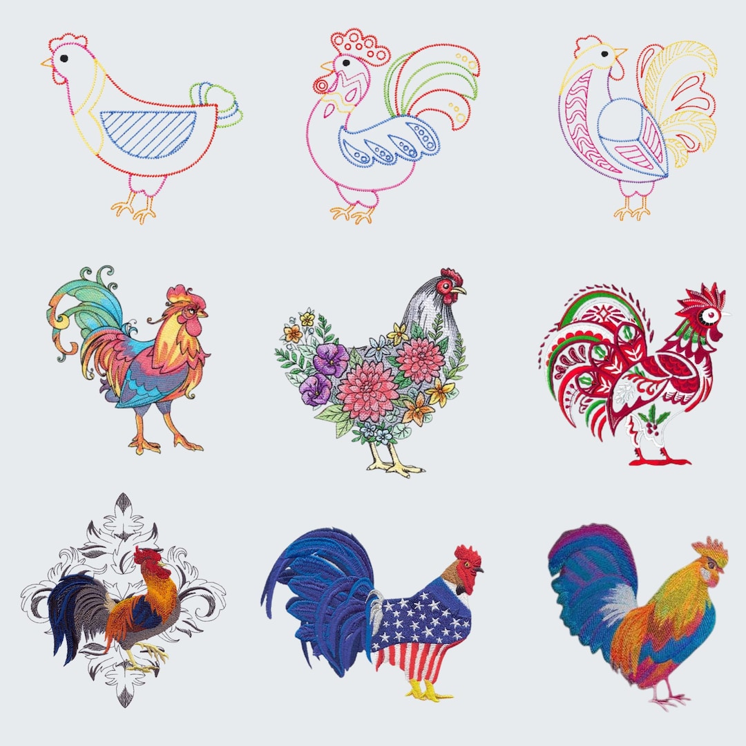 Colorful Rooster Embroidery Pack, Traditional and Modern Chicken ...