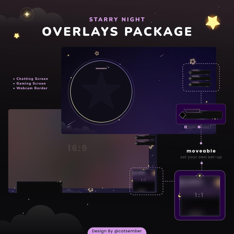 Starry Night Animated Stream Overlay Pack for Twitch | Overlay Set ...