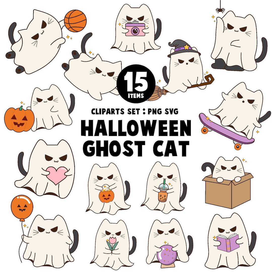 Spooky Cute Halloween Ghost Cat Clipart PNG, SVG, Bundle, Hand Drawn ...