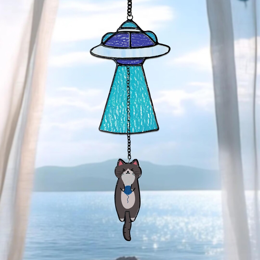 Funny UFO Cat Abduction Stained Glass, Alien Kitty Suncatcher Window ...