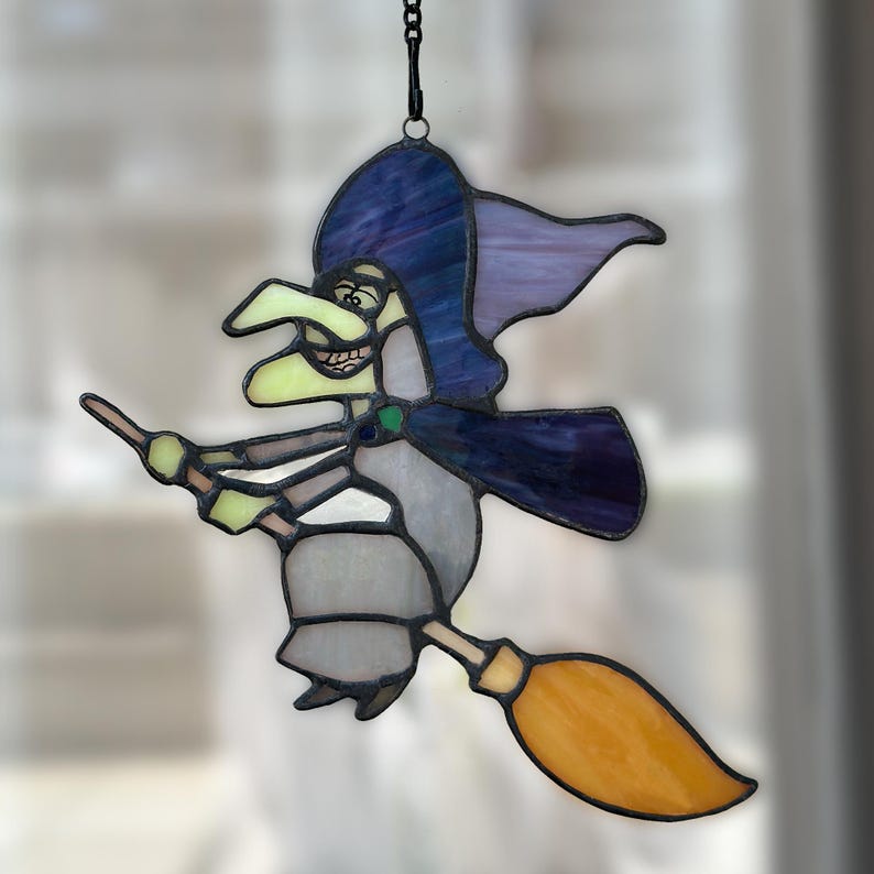Flying Witch Stained Glass Suncatcher – Halloween Witch on Broomstick ...