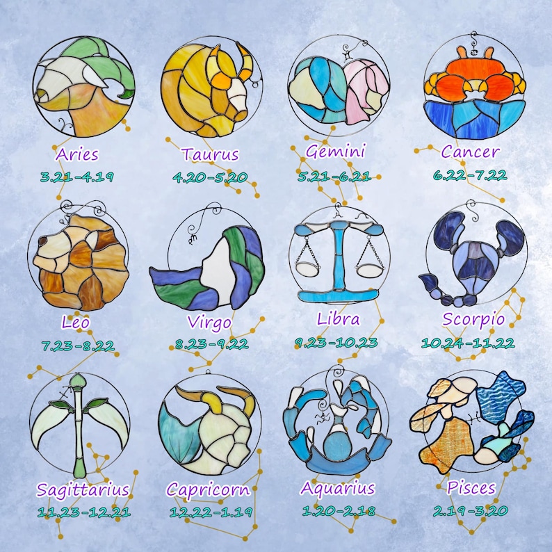 Stained Glass Zodiac Sign Suncatcher, 12 Horoscope Astrology Signs ...
