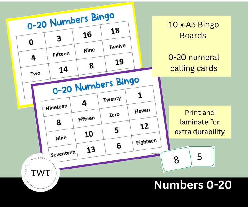Bingo de números del 0 al 20: palabras y números - Etsy México