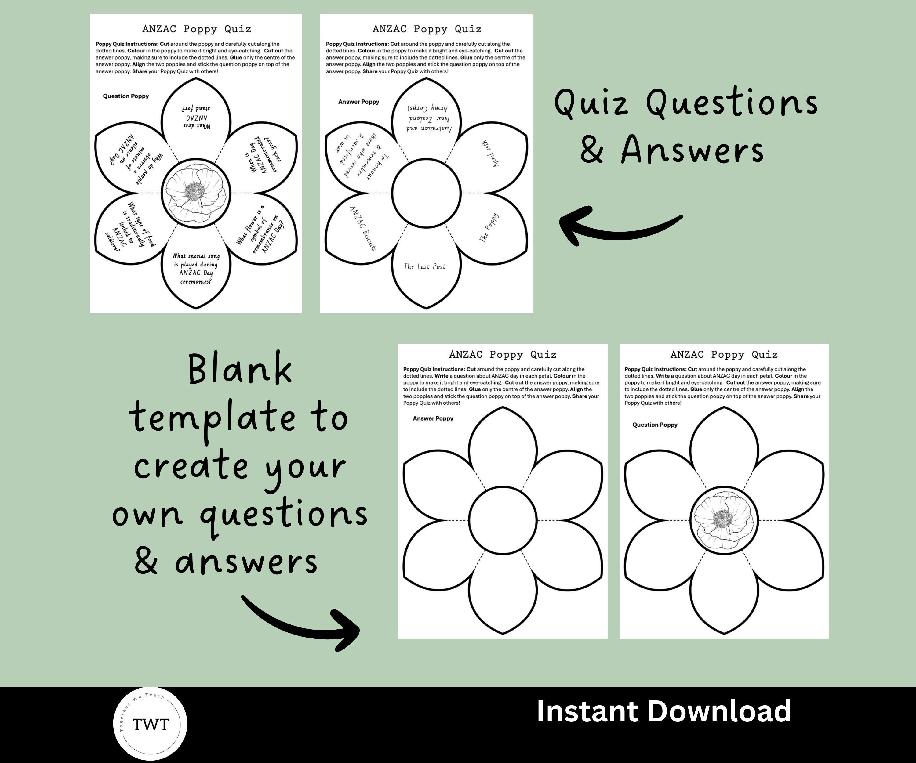 ANZAC Poppy Quiz, Make Your Own Quiz - Literacy Activity - Etsy Australia