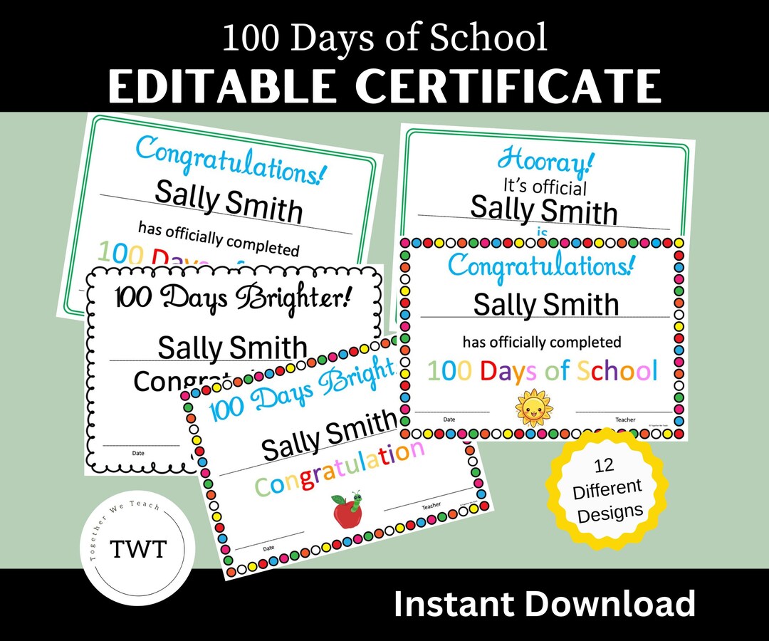 100 Days of School - Student Certificates (editable Names, Date ...