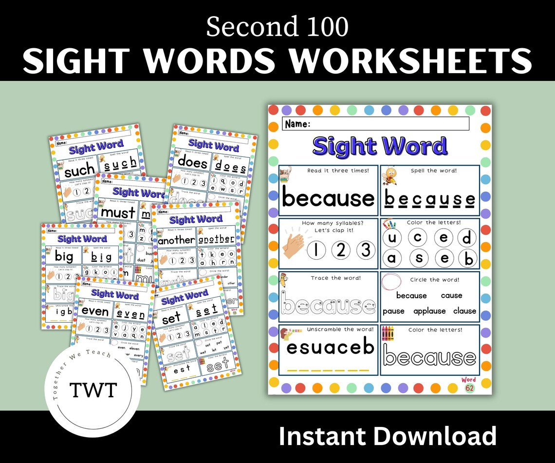 Sight Words, Second 100-200, Activities to Complete for Each Word ...