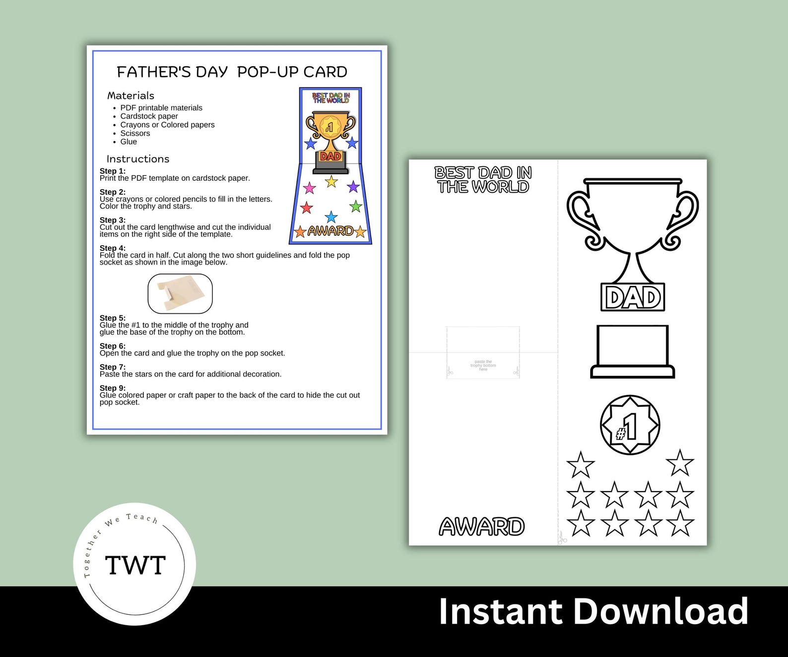 Fathers Day Pop up Card Template, Trophy No 1 Dad, Printable, PDF ...