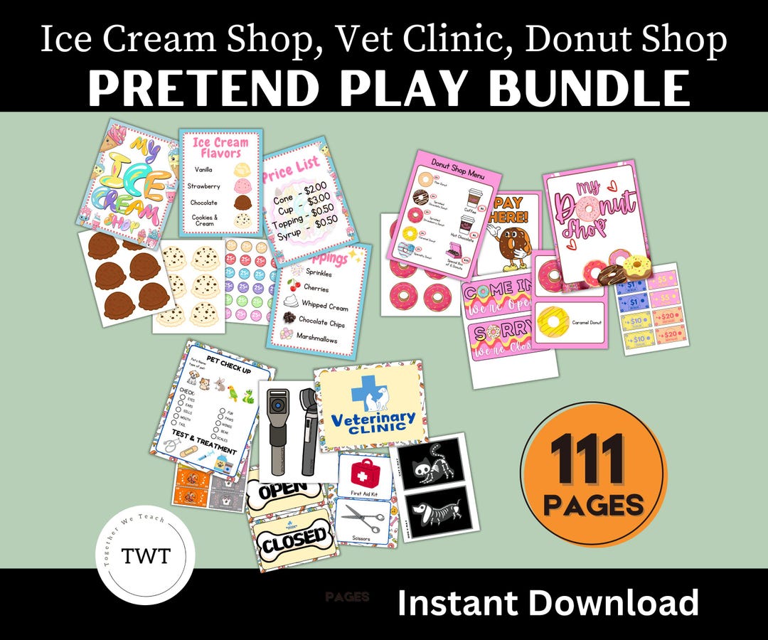 Pretend Play Bundle, Ice Cream Shop, Vet Clinic, Donut Shop, PDF ...