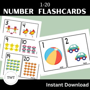 Number 1-20 Flashcards, Pictures and Numbers, Visual Cues, Learning ...