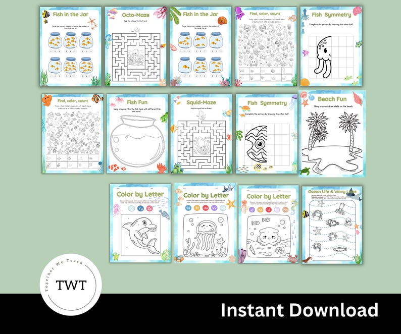 Preschool Worksheets Under the Sea Themed, PDF, Instant Download, 50 ...