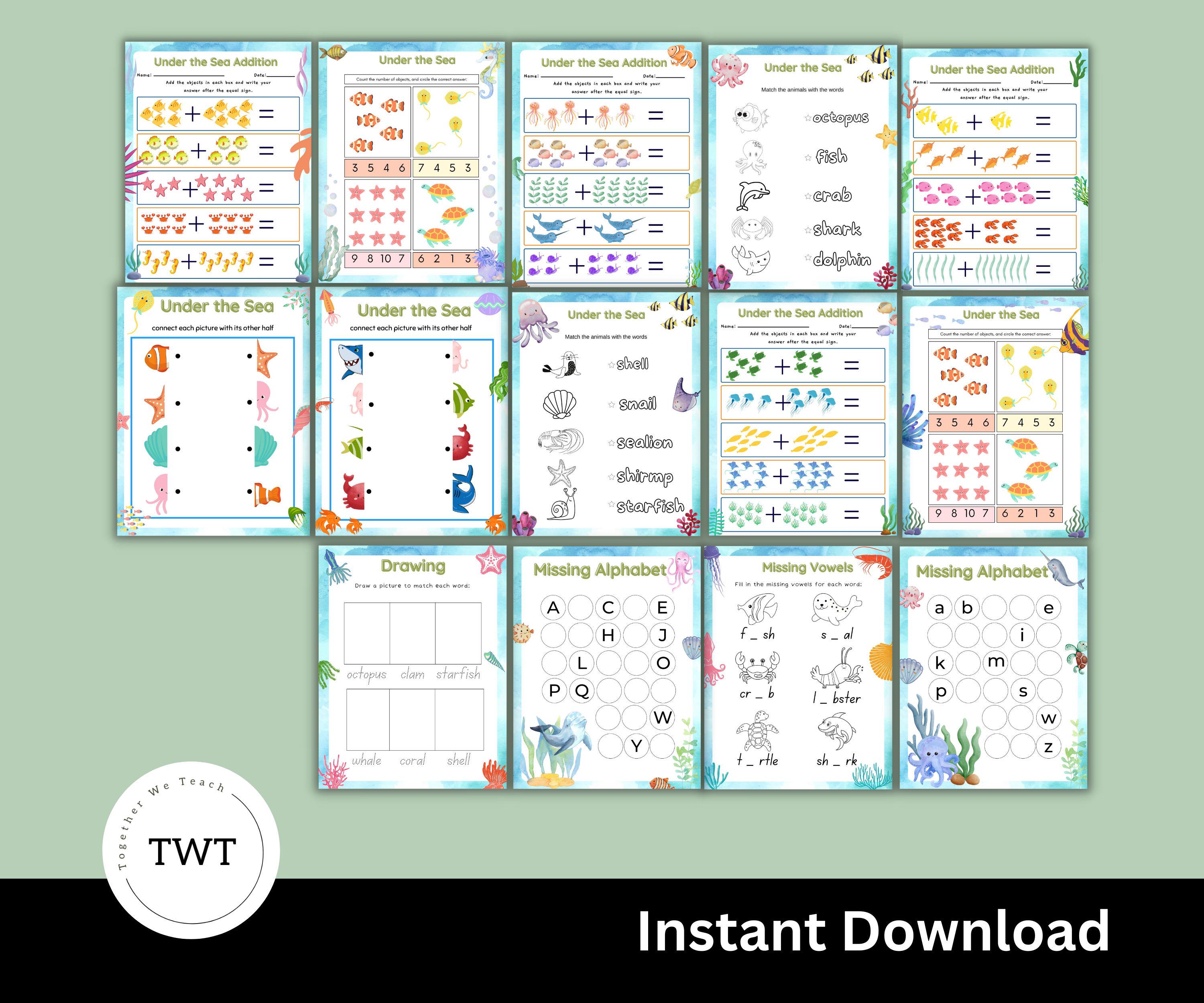 Preschool Worksheets Under the Sea Themed, PDF, Instant Download, 50 ...
