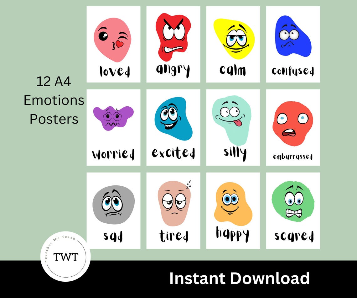 Feelings Posters, A4, PDF, Unique Character & Colours for Each Feeling ...
