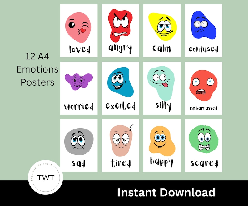 Feelings Posters, A4, PDF, Unique Character & Colours for Each Feeling ...