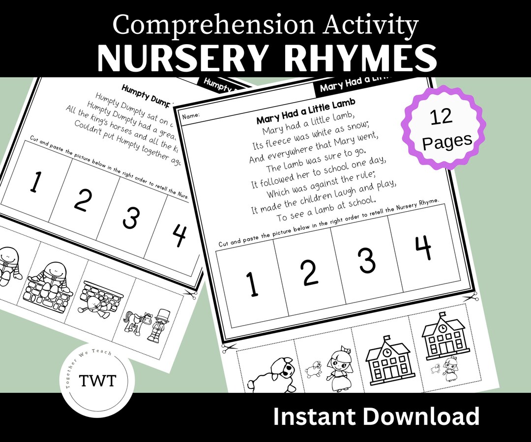 Nursery Rhymes Reading Comprehension Activity - Cut and Paste - Visual ...