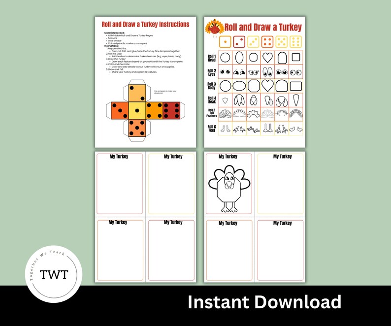 Roll and Draw a Turkey, Fun Activity for Everyone, Game, PDF, Instant ...